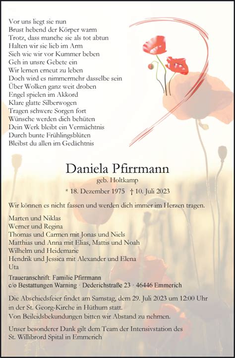 Traueranzeigen Von Daniela Pfirrmann Niederrhein Nachrichten Trauerportal