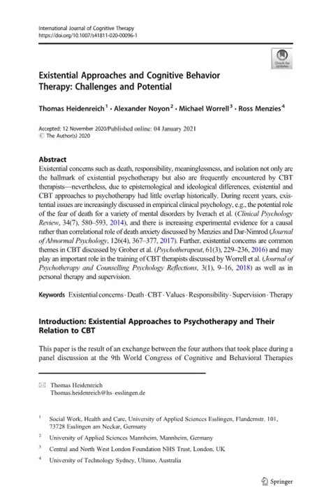 Existential Approaches And Cognitive Behavior Therapy Challenges And Potential Docslib