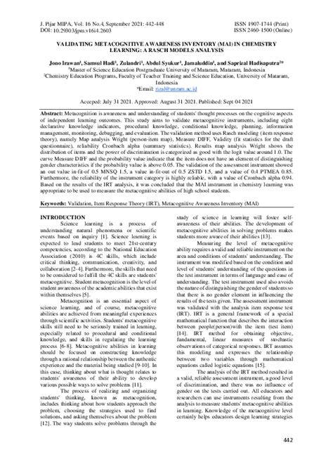 Pdf Validating Metacognitive Awareness Inventory Mai In Chemistry