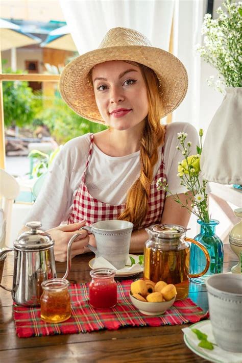 Country Girl Drinking Tea Tea Pot Homemade Honey Jam Muffins On