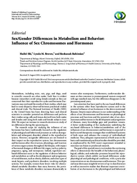 Pdf Sexgender Differences In Metabolism And Behavior Influence Of