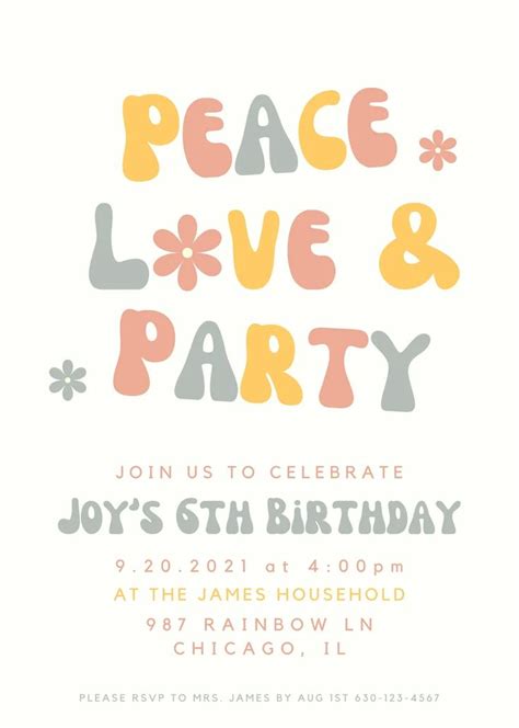 Hippie Birthday Peace Invitation Daisy Birthday Peace Love Party Hippie