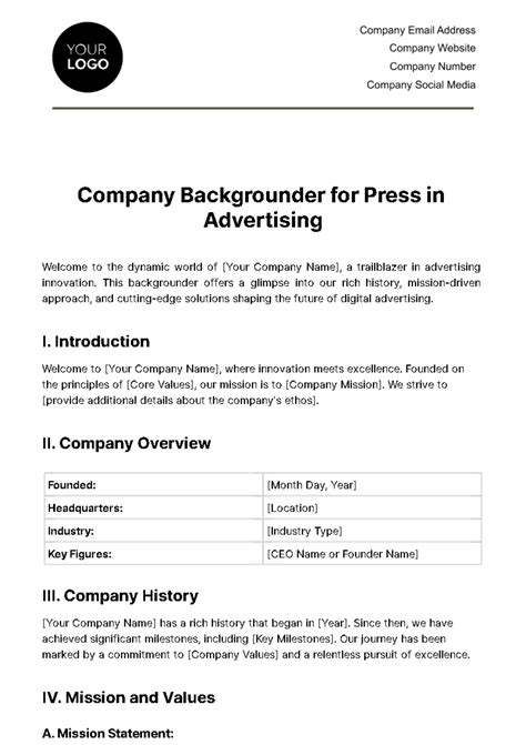 Free Company Backgrounder For Press In Advertising Template To Edit Online