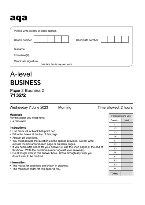 Aqa A Level BUSINESS Paper Business JUNE QUESTION PAPER A Level BUSINESS
