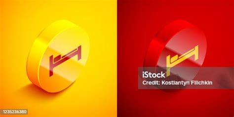 주황색과 빨간색 배경에 격리된 등각 투영 침대 아이콘입니다 원 버튼 벡터 일러스트레이션 3차원 형태에 대한 스톡 벡터 아트 및 기타 이미지 3차원 형태 가구 가정의