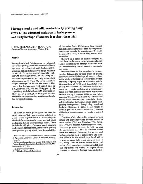 Herbage Intake And Milk Production By Grazing Dairy Cows I The Effects