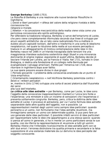Riassunto Del Pensiero Di Berkeley Appunti Di Filosofia Docsity