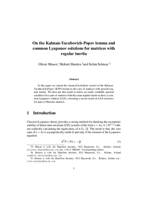 Pdf On The Kalman Yacubovich Popov Lemma And Common Lyapunov