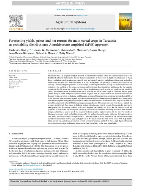 Pdf Forecasting Yields Prices And Net Returns For Main Cereal Crops In Tanzania As