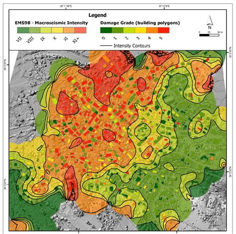 Isoseismal Map Illustrating Ems 98 Damage Grades And Seismic