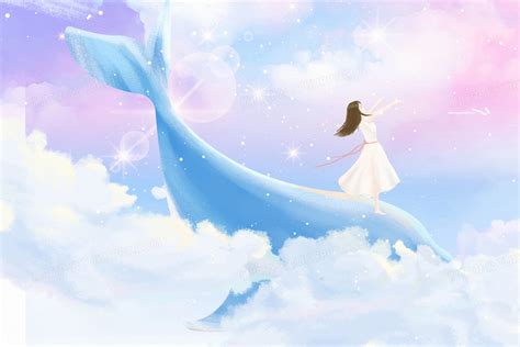 梦幻唯美云彩鲸鱼女孩卡通插画图片素材下载psd格式熊猫办公