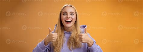 Supportive Cute Blond Girlfriend Cheering Liking Interesting Concept Cool Idea Thumbs Up Smiling
