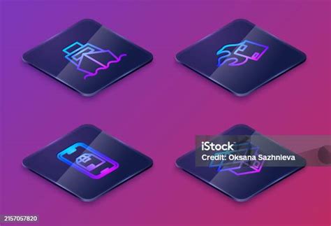 상자 배달 모바일 앱 추적 판지 판지 및 언박싱이 포함된 등각 투영 라인 화물선을 설정합니다 파란색 사각형 버튼입니다 벡터 3