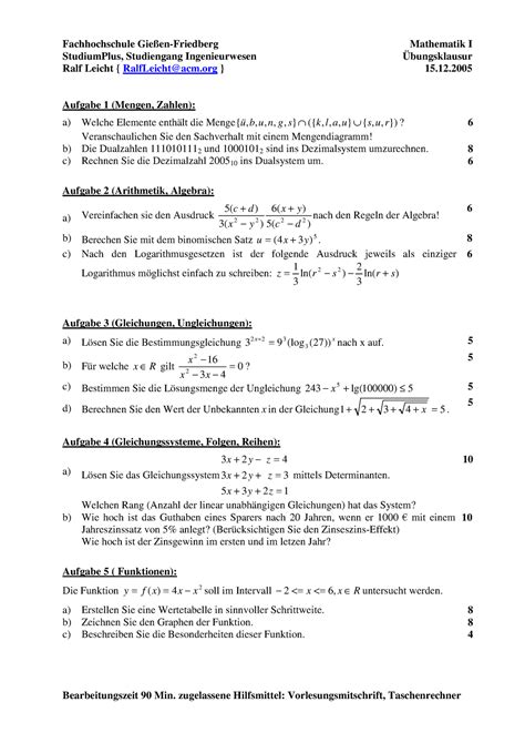 Klausur Fragen Fachhochschule Gießen Friedberg StudiumPlus Studiengang Ingenieurwesen