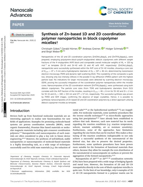 Pdf Synthesis Of Zn Based 1d And 2d Coordination Polymer Nanoparticles In Block Copolymer Micelles
