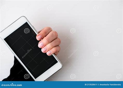 Healthy Woman S Hands With Mobile Phone Nude Nails Clean Skin Soft