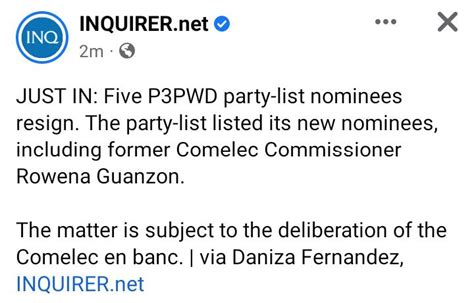 JUST IN: Five P3PWD party-list nominees resign. The party-list listed its new nominees ...