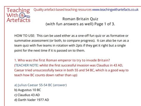 Roman Britain Topic Quiz With Teacher Notes And Some Fun Answers