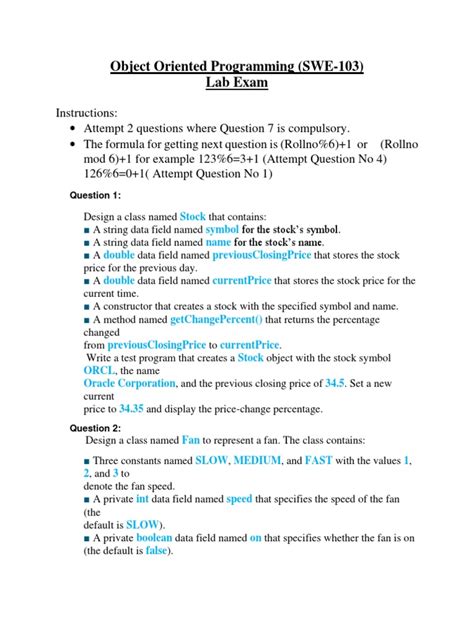 Object Oriented Programming Lab Exam Pdf Method Computer