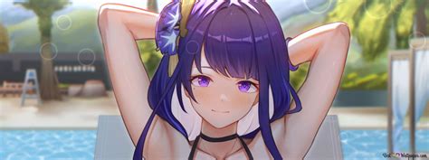 Hot Bikni Girl Raiden Makoto At The Pool Genshin Impact K Wallpaper Download