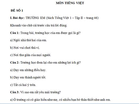 đề thi học kì lớp môn Tiếng Việt năm học