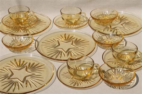 Vintage Federal Glass Star Pattern Dishes Yellow Amber Glass Dinner Plates Cups And Saucers Bowls