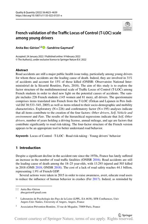 French Validation Of The Traffic Locus Of Control T Loc Scale Among Young Drivers Request Pdf