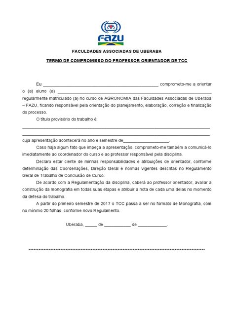 Termo De Compromisso Do Professor Orientador De Tcc 2021 Pdf