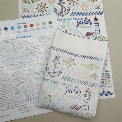 Traditional Sampler Seaside Embroidery Pattern Pre Printed Fabric Panel By Stitched Stories 14