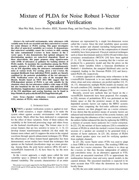 Pdf Mixture Of Plda For Noise Robust I Vector Speaker Verification