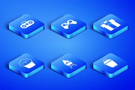 칵테일 셰이커 2개의 스피커가 있는 홈 스테레오 바베큐 그릴 머핀 게임패드 및 선물 상자 아이콘을 설정합니다 벡터 3차원 형태에 대한 스톡 벡터 아트 및 기타 이미지