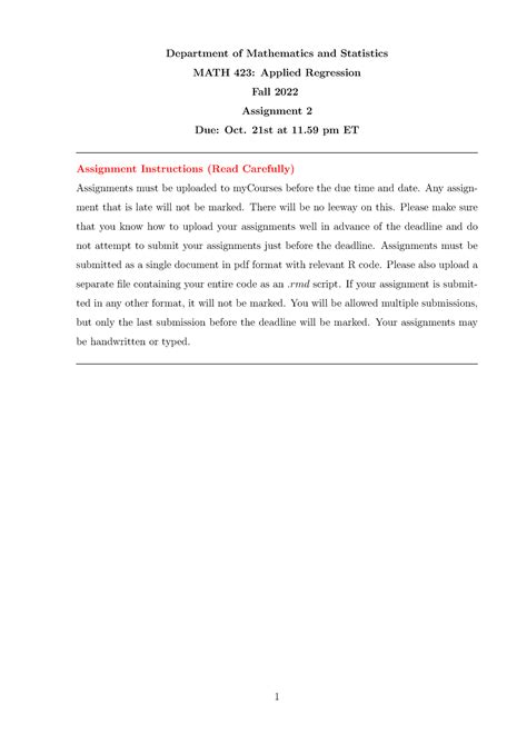 Assignment 2 Fall2022 Department Of Mathematics And Statistics Math