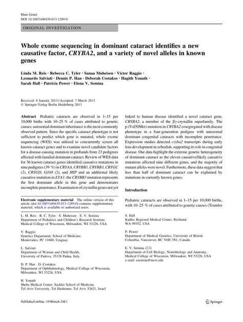Pdf Whole Exome Sequencing In Dominant Cataract Identifies A New