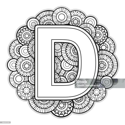 성인을 위한 벡터 색칠 페이지입니다 만다라 배경에 윤곽 흑백 자본 영어 편지 D 만다라에 대한 스톡 벡터 아트 및 기타 이미지 만다라 모노그램 0명 Istock