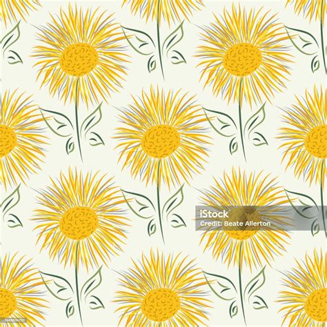 Inula 꽃 원활한 벡터 패턴 배경입니다 다년생 코티지 정원 꽃 노란색 녹색 배경 거대한 벼룩 회화 기하학적 디자인 여름을위한 맥시멀리스트 코티지 코어 포장 그리기에 대한