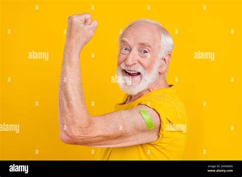 Photo Of Astonished Old Man Celebrate Vaccination Victory Wear T Shirt