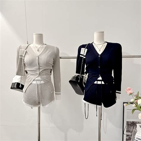 이프유마인 가디건반바지set꾸안꾸룩 슬림핏 여름 포티 배색 브이넥 크롭 롱 골지 니트 가디건 하이웨스트 밴딩 반바지 숏팬츠 투피스 세트 2color