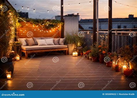 Cozy Outdoor Terrace With Outdoor String Lights Stock Illustration