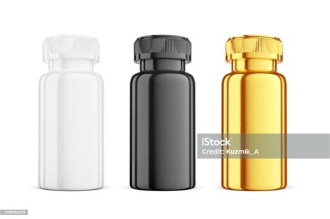 흰색 검은색 금색 약병 모형 템플릿은 흰색에 격리되어 있습니다 3d 렌더링 금색에 대한 스톡 사진 및 기타 이미지 금색 항아리 영양제 Istock
