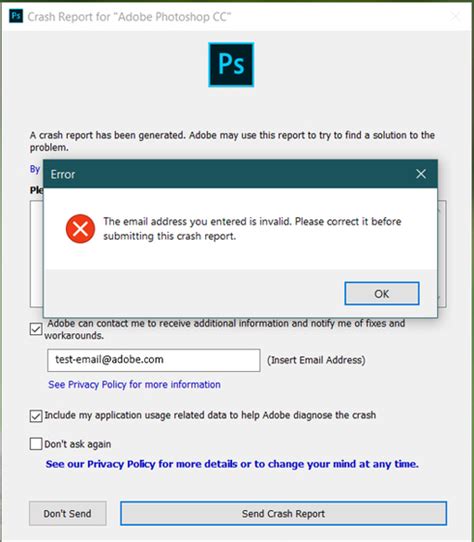 P Crash Report Form Says Invalid Email Address Adobe Community 12250000