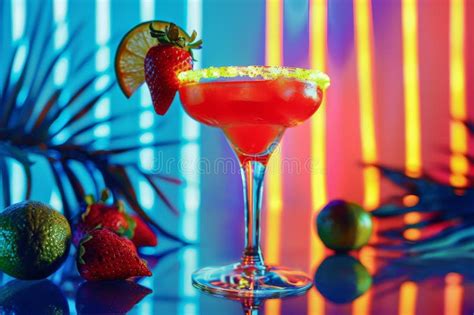 Strawberry Margarita Cocktail On Color Neon Background Tropical