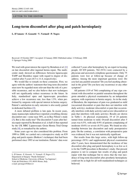 Pdf Long Term Discomfort After Plug And Patch Hernioplasty