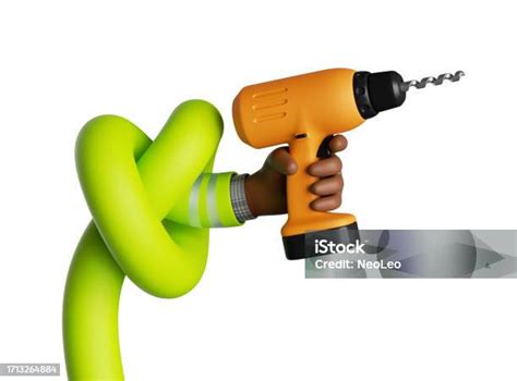3d 렌더링 재미있는 만화 유연한 매듭이 있는 팔은 전기 드릴 제작 도구를 들고 있습니다 장비를 갖춘 전문 건축업자 하얀 배경에 격리된 탄력 있는 얽힌 손 리노베이션 서비스