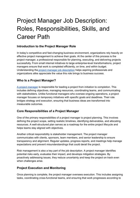 Ppt Project Manager Job Description Roles Responsibilities Skills