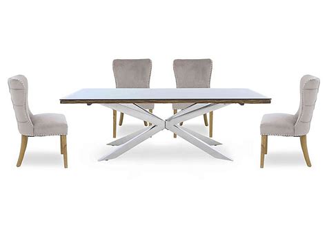 Kiara Large Rectangular Dining Table With Chrome Legs And 4 Luxe Fabric Dining Chairs