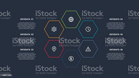 6단계 옵션 부품 또는 프로세스가 있는 인포그래픽을 위한 라인 개념입니다 검은색 배경에 웹용 템플릿입니다 0명에 대한 스톡 벡터 아트 및 기타 이미지 Istock