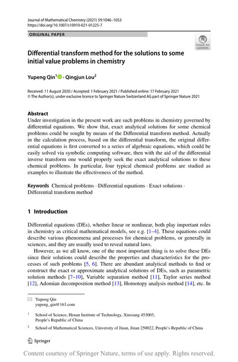 Differential Transform Method For The Solutions To Some Initial Value Problems In Chemistry