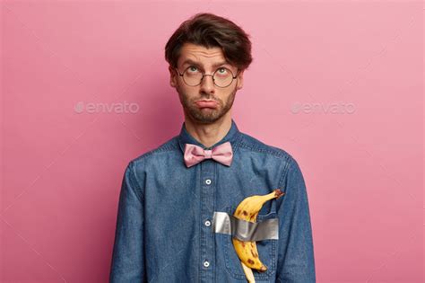 Frustrated Unhappy Man Concentrated Above With Sad Expression Has