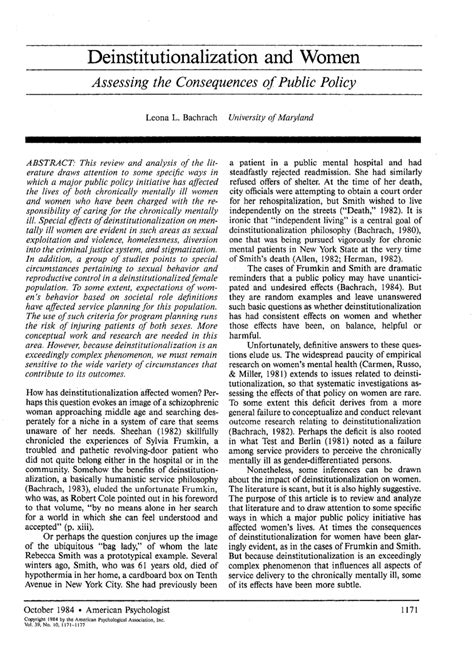 Deinstitutionalization And Women Assessing The Consequences Of Public