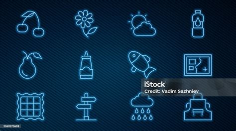 세트 라인 주방 앞치마 접힌 지도 태양과 구름 날씨 소스 병 배 체리 물고기와 꽃 아이콘 벡터 건강한 생활방식에 대한 스톡 벡터